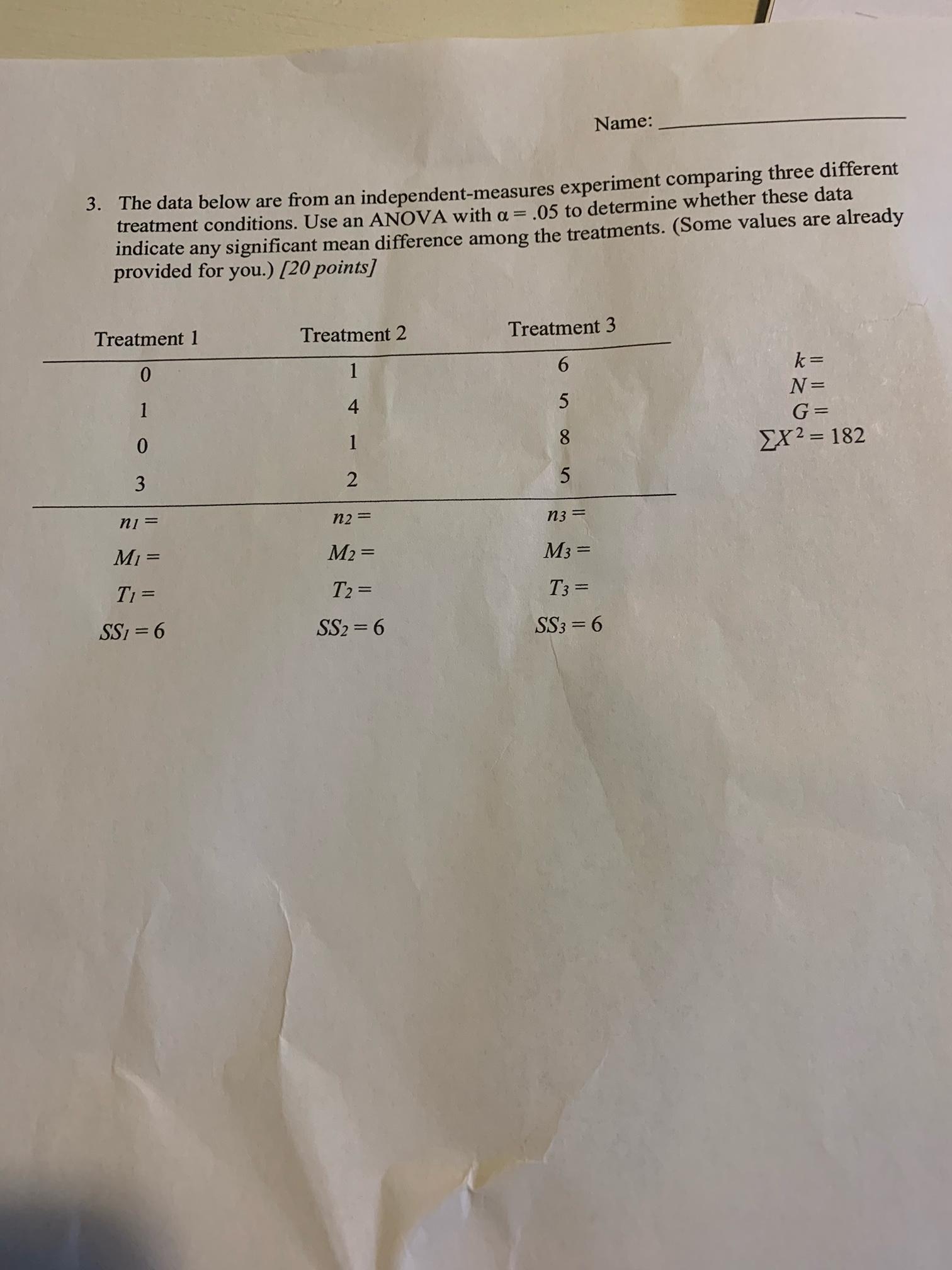 Solved Name: 3. The data below are from an | Chegg.com