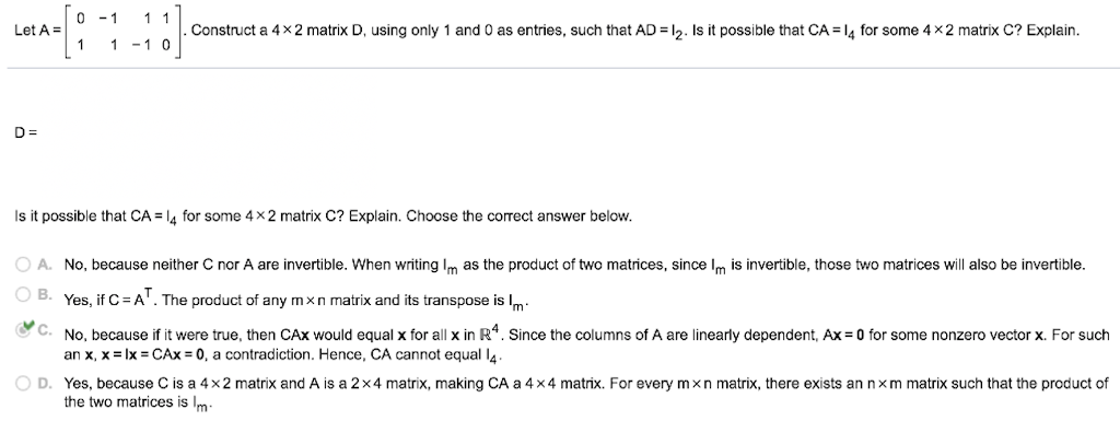 Solved 0- 1 1 1 11 0 Let A = Construct a 4 × 2 matrix D, | Chegg.com