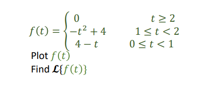 Solved 0 f(t) = -t2 + 4 4-t Plot f(t) Find L{f(t)} t> 2 1 | Chegg.com