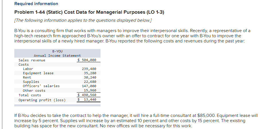 Solved Problem 1-44 (Static) Cost Data for Managerial | Chegg.com