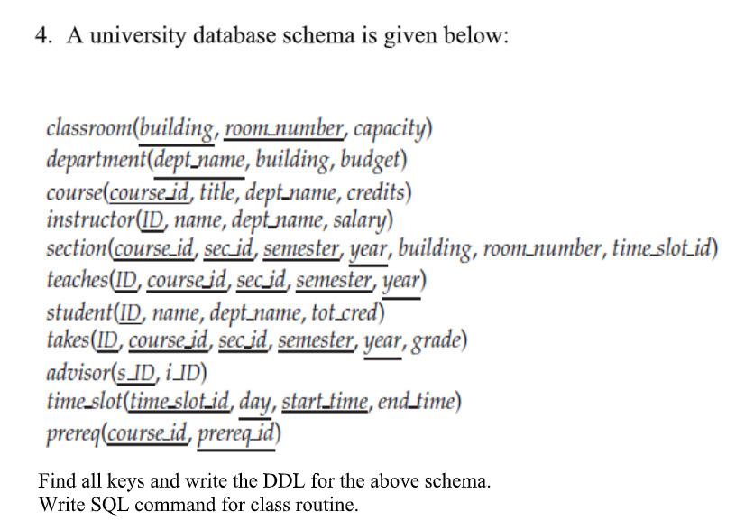 4. A university database schema is given below: | Chegg.com