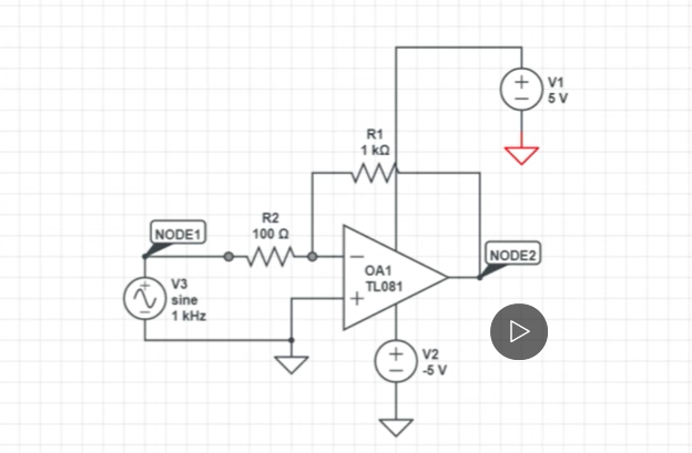 Solved + V1 5V R1 1 ko M R2 100 g NODE1 NODE2 OA1 TL081 V3 | Chegg.com