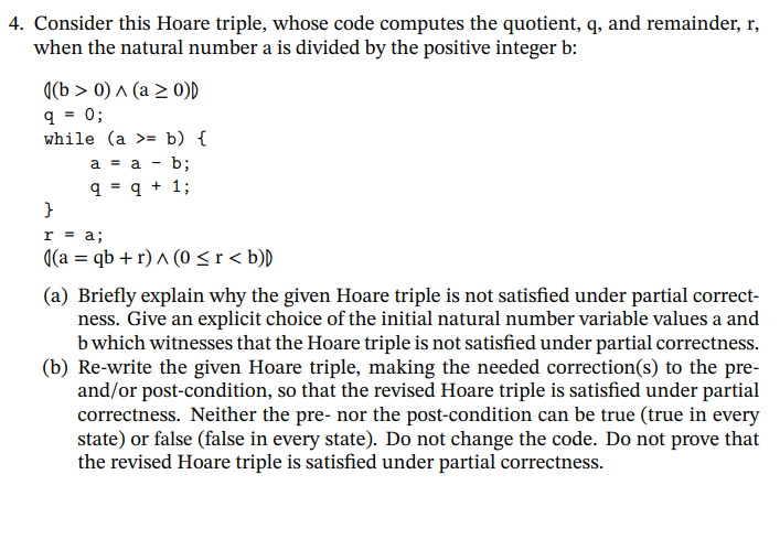 Solved 4. Consider this Hoare triple, whose code computes | Chegg.com