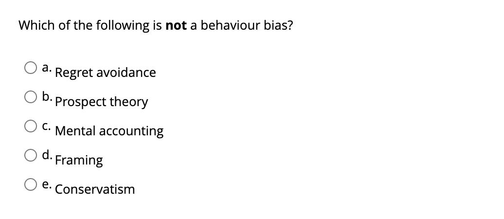 Solved Which of the following is not a behaviour bias? a. | Chegg.com