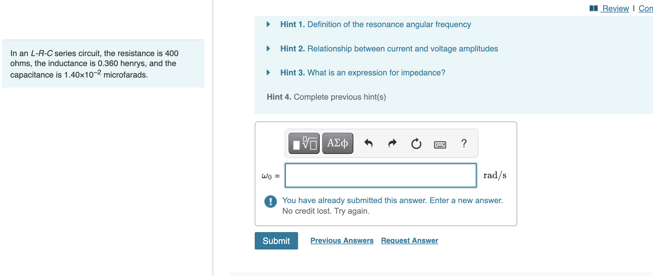 Solved Hint 1. Definition of the resonance angular frequency | Chegg.com