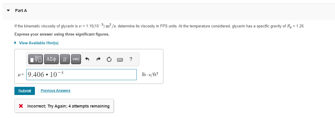 Solved Part AIf the kinematic viscosity of glycerin is | Chegg.com