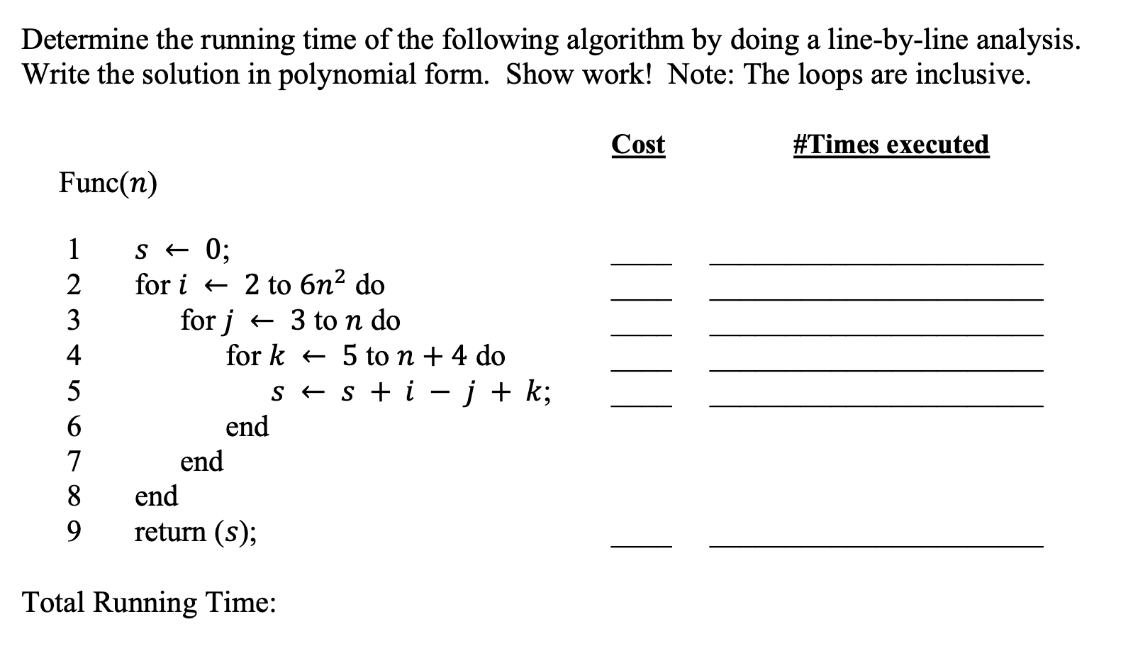 Solved Determine the running time of the following algorithm | Chegg.com