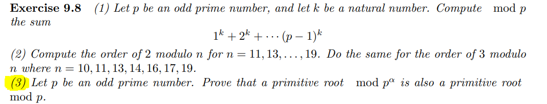 Solved 1k+2k+⋯(p−1)k (2) Compute the order of 2 modulo n for | Chegg.com