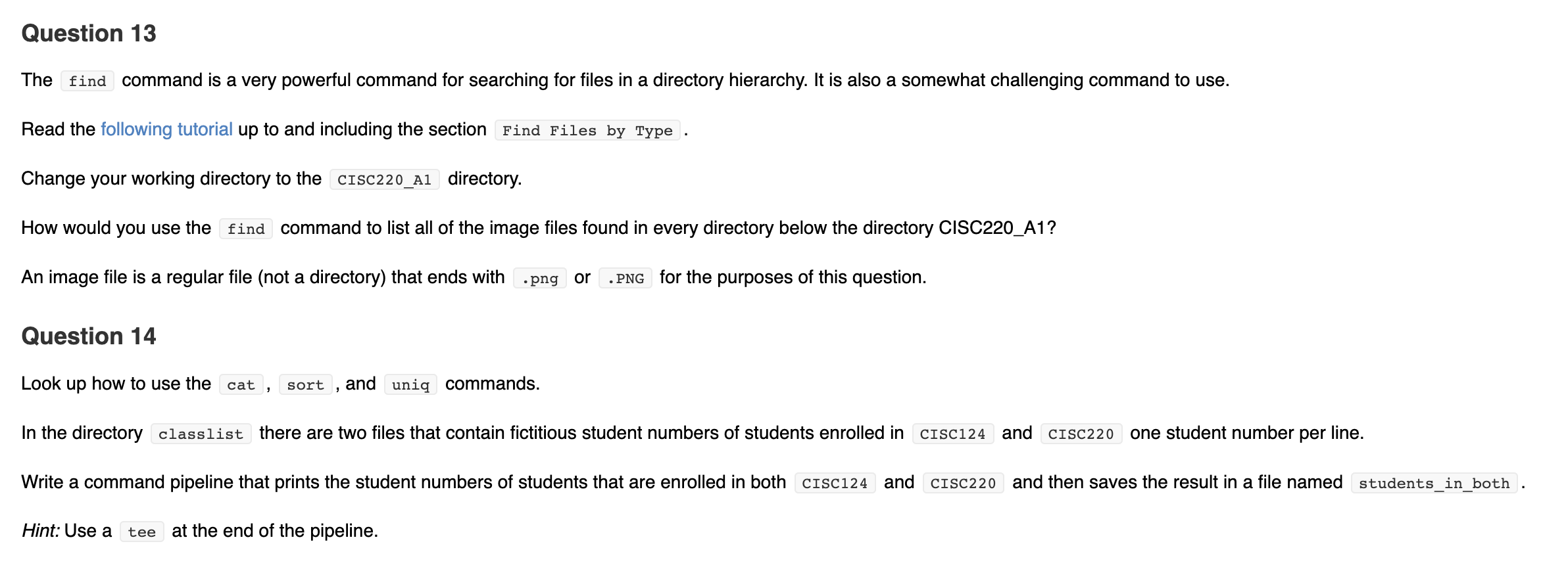 Solved CISC220 Assignment 1: Bash commands, redirection, | Chegg.com