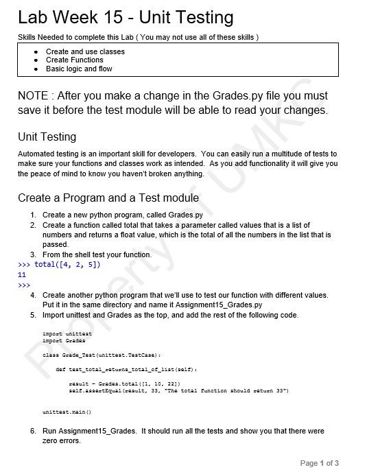 Solved Lab Week 15 - Unit Testing Skills Needed to complete | Chegg.com