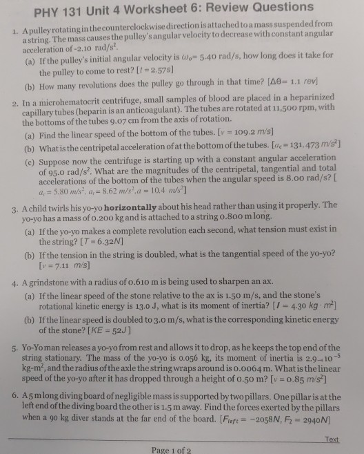 Solved PHY 131 Unit 4 Worksheet 6: Review Questions 1. | Chegg.com