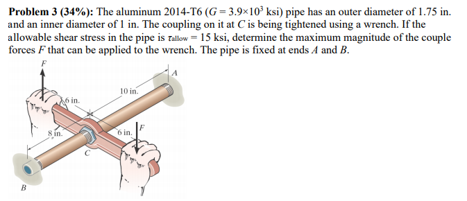 Solved aluminum 2014-T6 (G = 3.9×103 ksi) pipe has an outer | Chegg.com