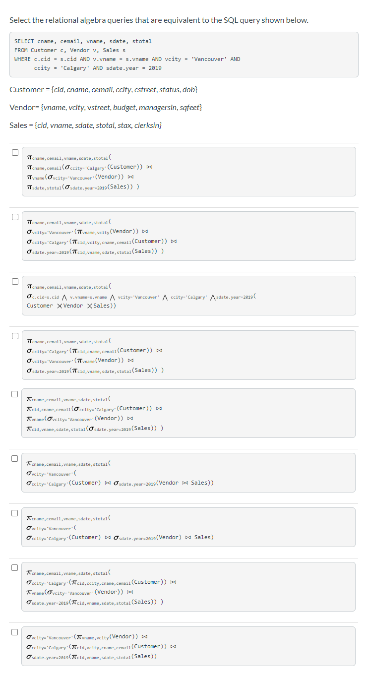 Solved Select the relational algebra queries that are | Chegg.com