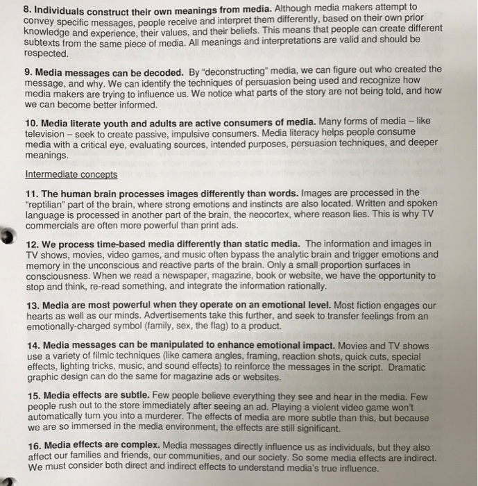 1. Media construct our culture. Our society and | Chegg.com