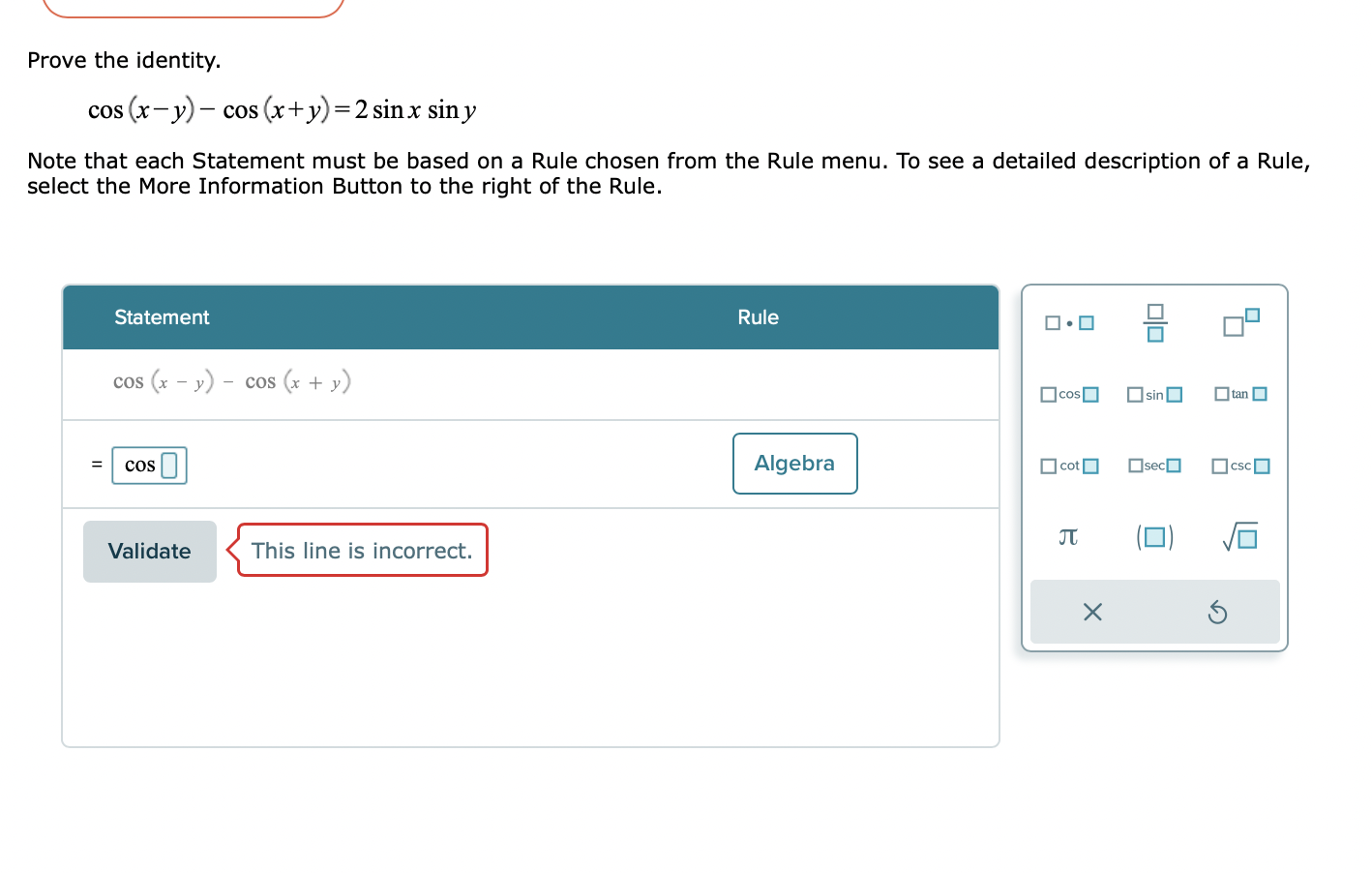 Solved Prove the identity. cos(x−y)−cos(x+y)=2sinxsiny Note | Chegg.com
