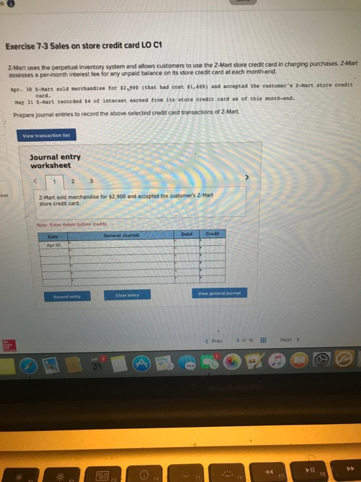 Solved Exercise 7-3 Sales on store credit card LO C1 Z-Mart | Chegg.com