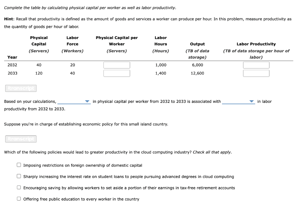 Solved Complete the table by calculating physical capital | Chegg.com