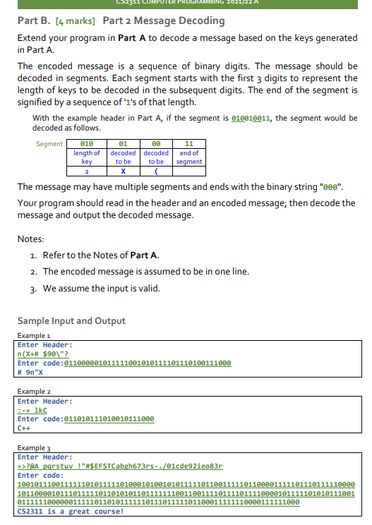 GRAMMING Part B. [4 marks] Part 2 Message Decoding | Chegg.com