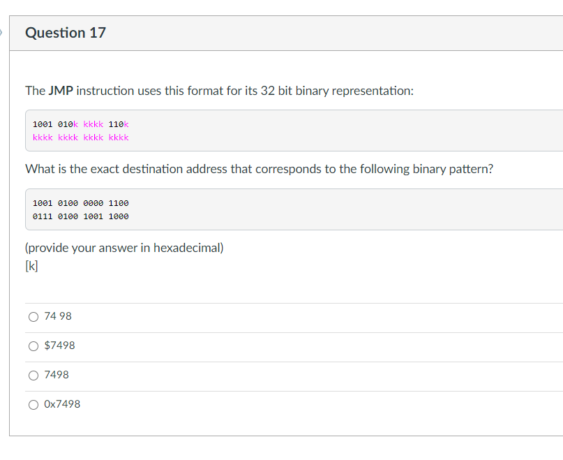 Solved Question 17 The JMP instruction uses this format for | Chegg.com