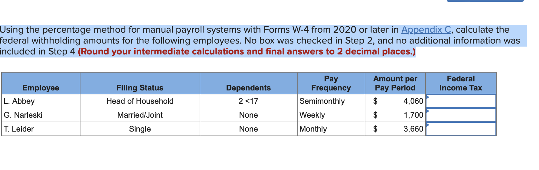 Solved Using the percentage method for manual payroll | Chegg.com