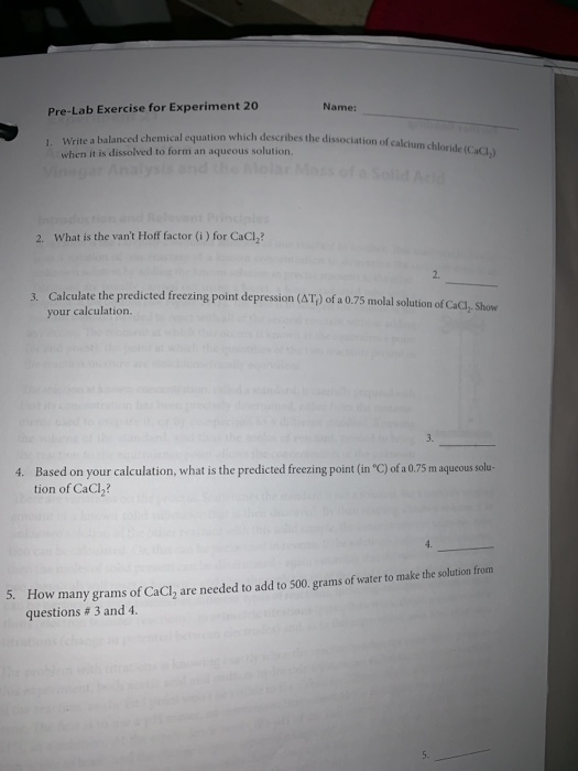 Solved Name: Pre-Lab Exercise for Experiment 20 chemical | Chegg.com