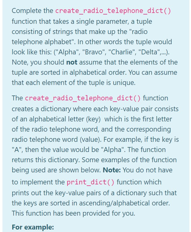 Solved Complete the create_radio_telephone_dict() function | Chegg.com