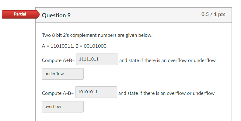 Solved Partial Question 9 0.5/1 pts Two 8 bit 2's complement | Chegg.com