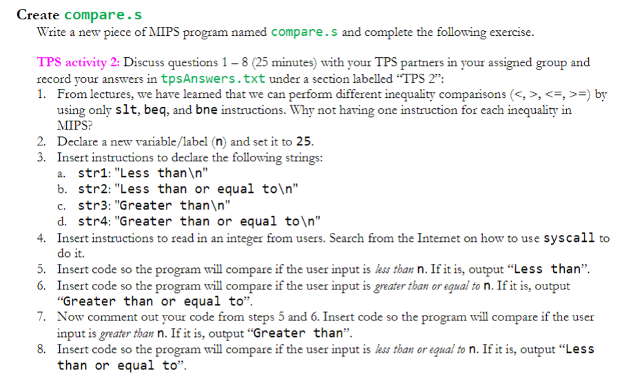 Solved Create compare.s Write a new piece of MIPS program | Chegg.com