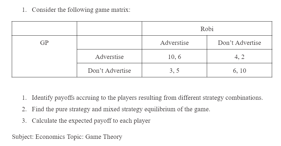 Solved 1. Consider the following game matrix: 1. Identify | Chegg.com