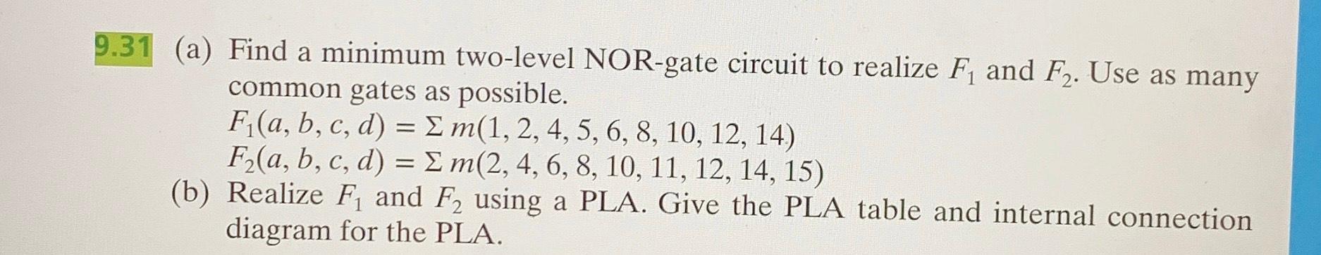 Solved 31 (a) Find a minimum two-level NOR-gate circuit to | Chegg.com
