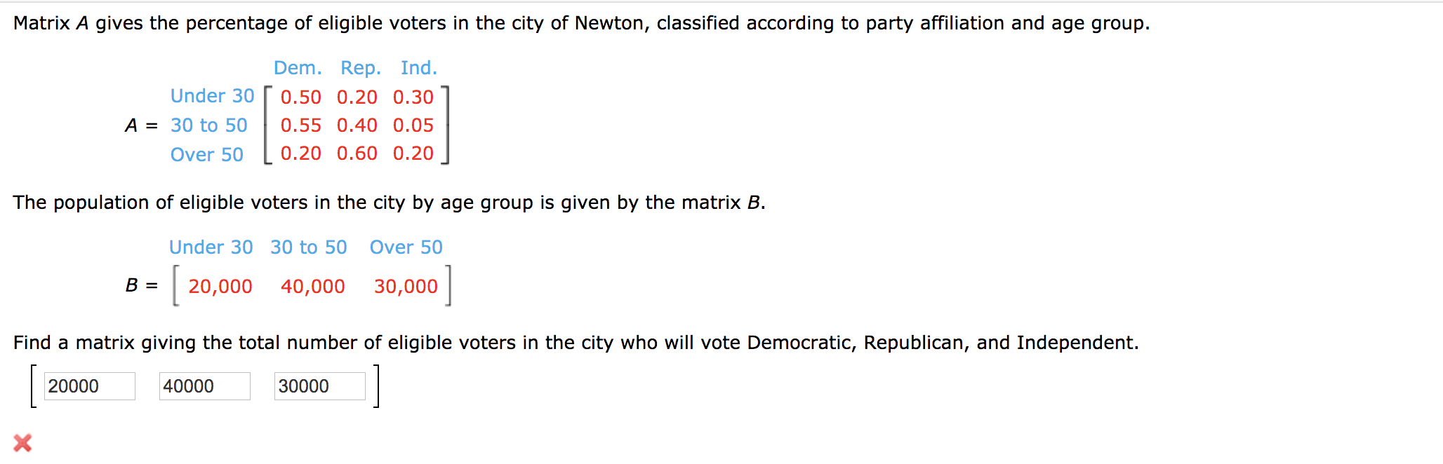 Solved Matrix A gives the percentage of eligible voters in | Chegg.com