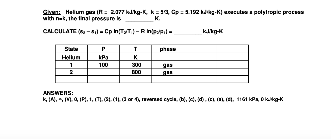 Solved Given: Helium gas ( R=2.077 kJ/kg−K,k=5/3,Cp=5.192 | Chegg.com