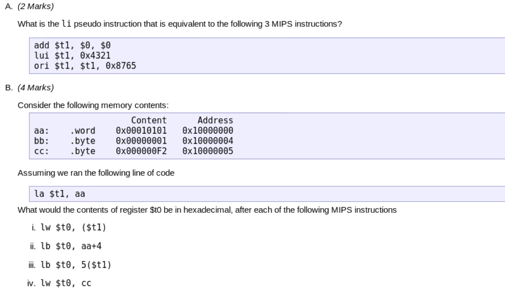Solved A. (2 Marks) What is the li pseudo instruction that | Chegg.com