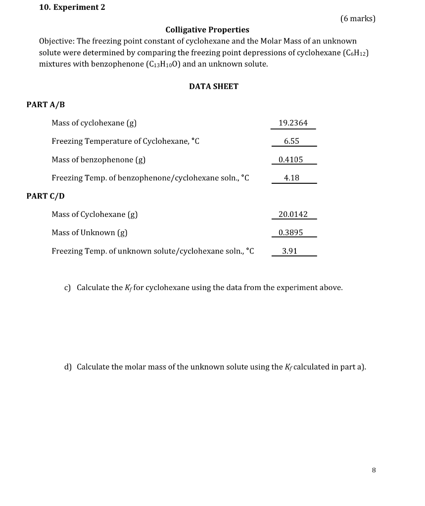 Solved 10. Experiment 2 (6 marks) Colligative Properties | Chegg.com