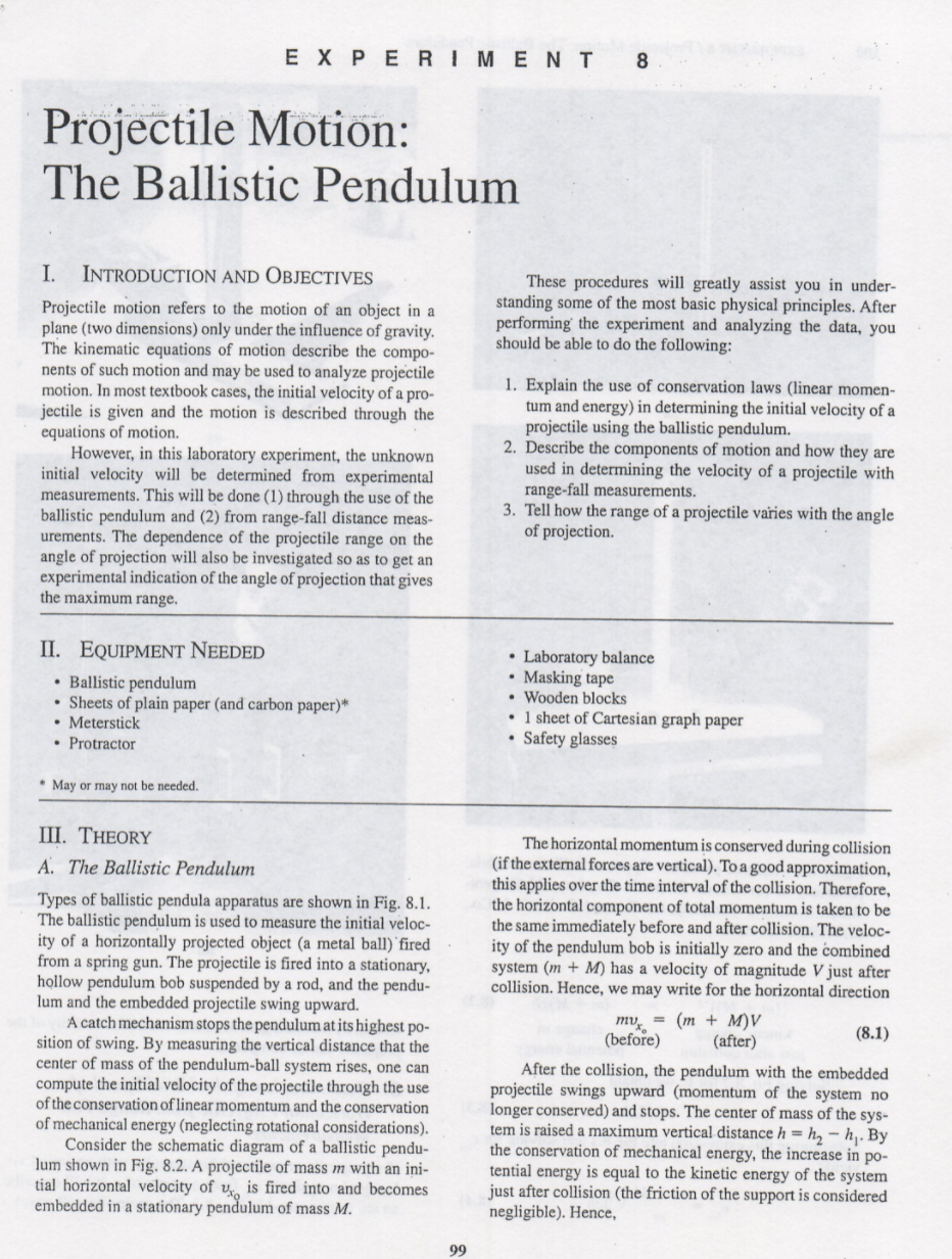 Solved 100 EXPERIMENT 8/ Projectile Motion: The Ballistic | Chegg.com