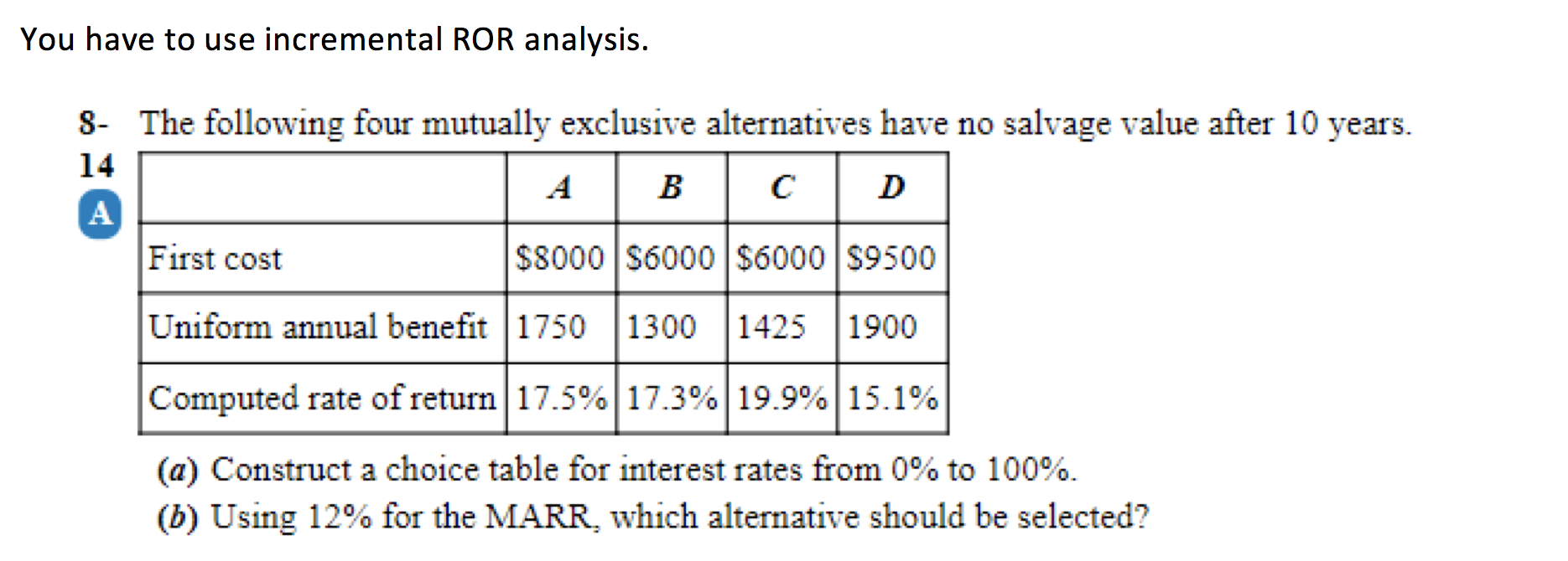 You have to use incremental ROR analysis. The | Chegg.com