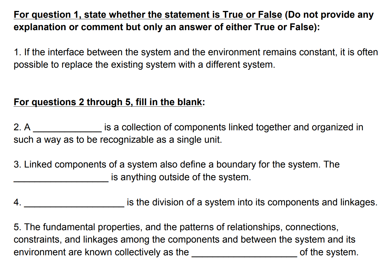 Solved For question 1, state whether the statement is True | Chegg.com
