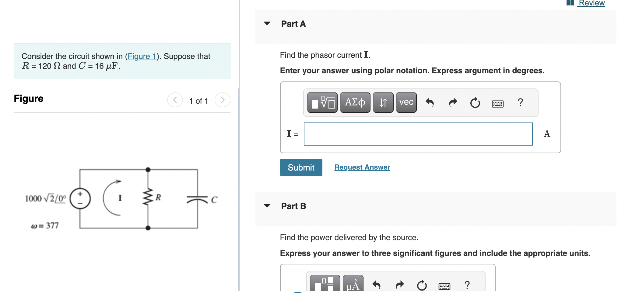 Solved Consider the circuit shown in Find the phasor current | Chegg.com