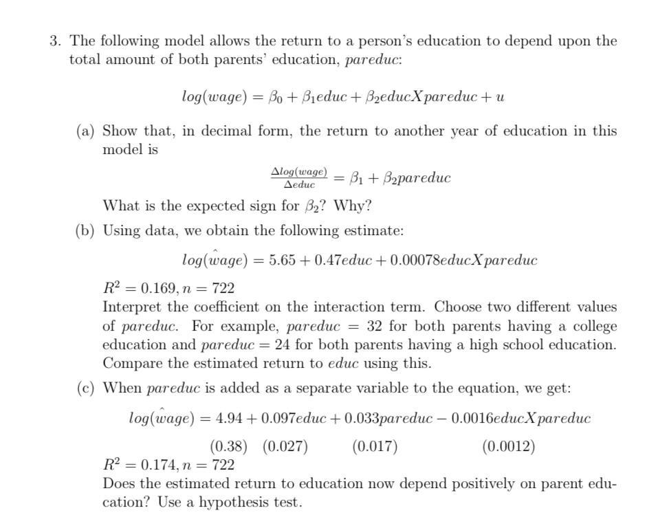 Solved The following model allows the return to a person's | Chegg.com
