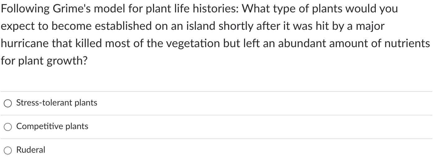 Solved Following Grime's model for plant life histories: | Chegg.com