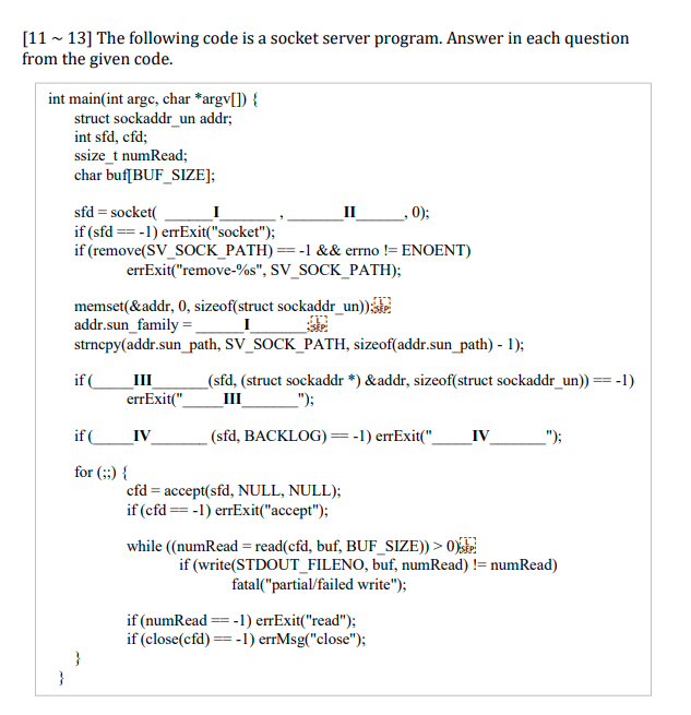 Solved [11 ~ 13] The following code is a socket server | Chegg.com