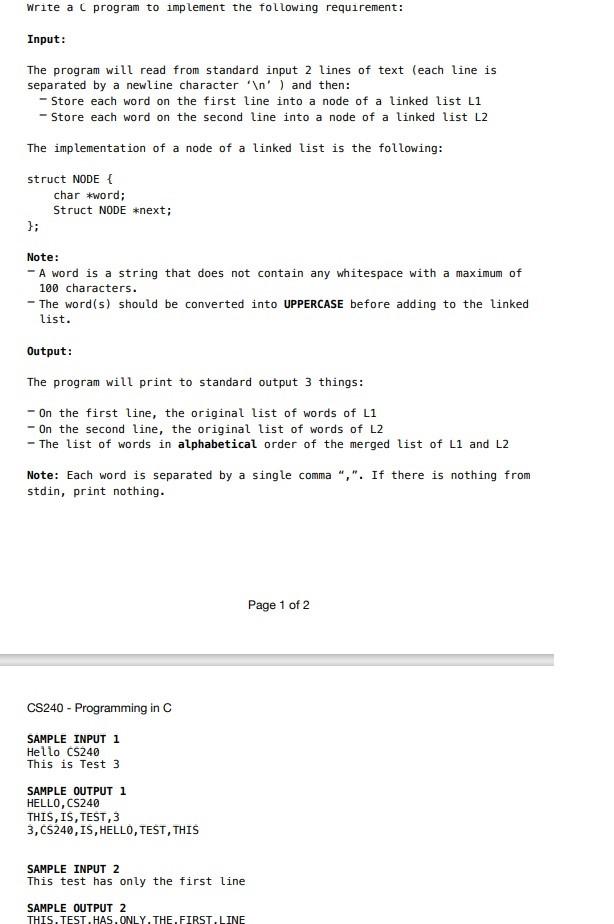 Solved write a C program to implement the following | Chegg.com