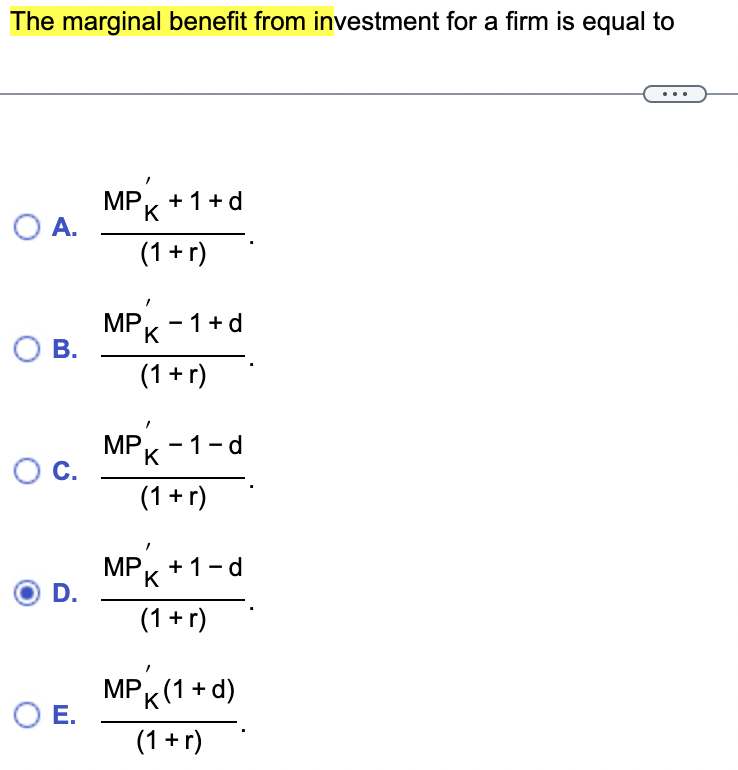 Solved The marginal benefit from investment for a firm is | Chegg.com