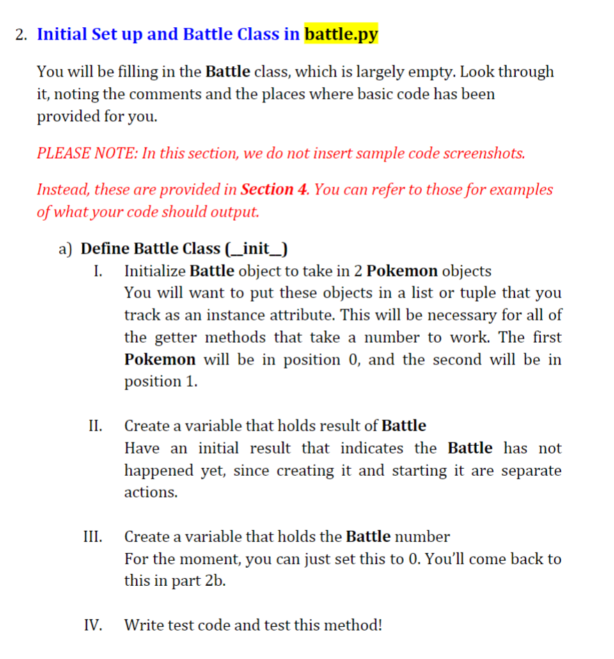 Initial Set up and Battle Class in battle.py You will | Chegg.com