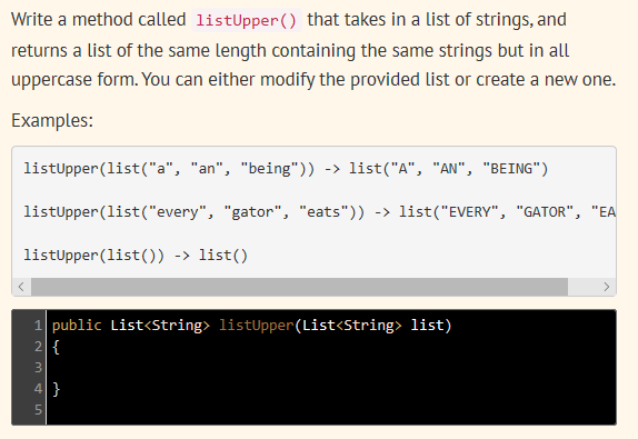 Solved Write a method called listUpper() that takes in a | Chegg.com