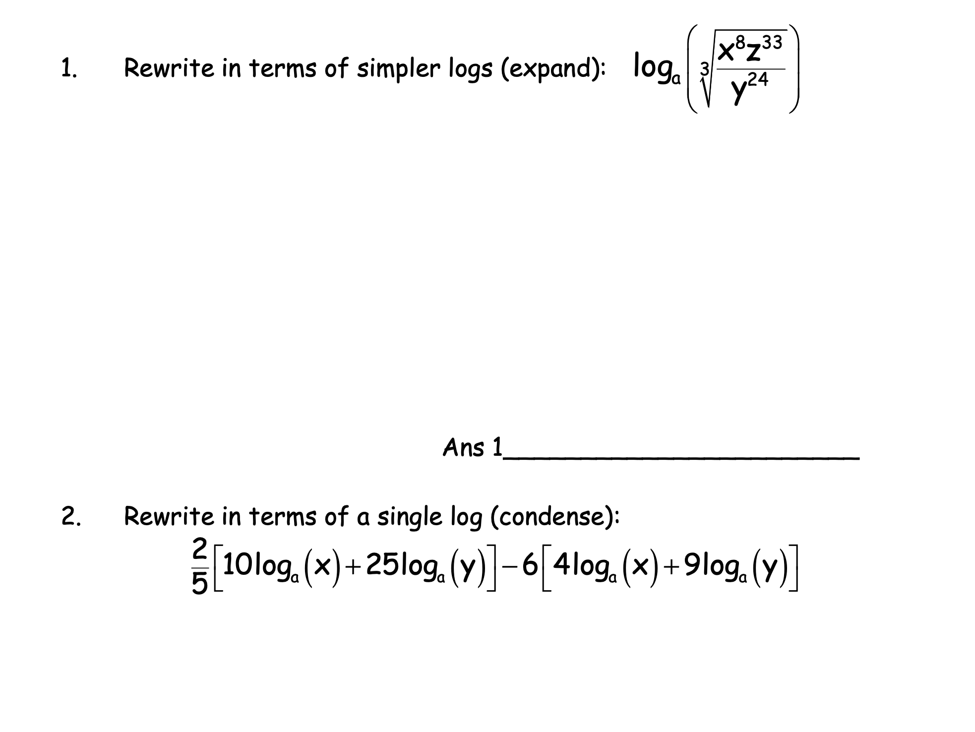 Solved 1. Rewrite in terms of simpler logs (expand): | Chegg.com