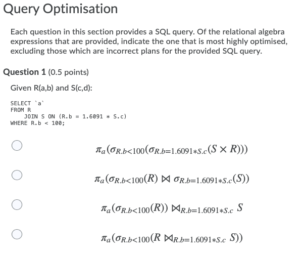 Solved Query Optimisation Each question in this section | Chegg.com