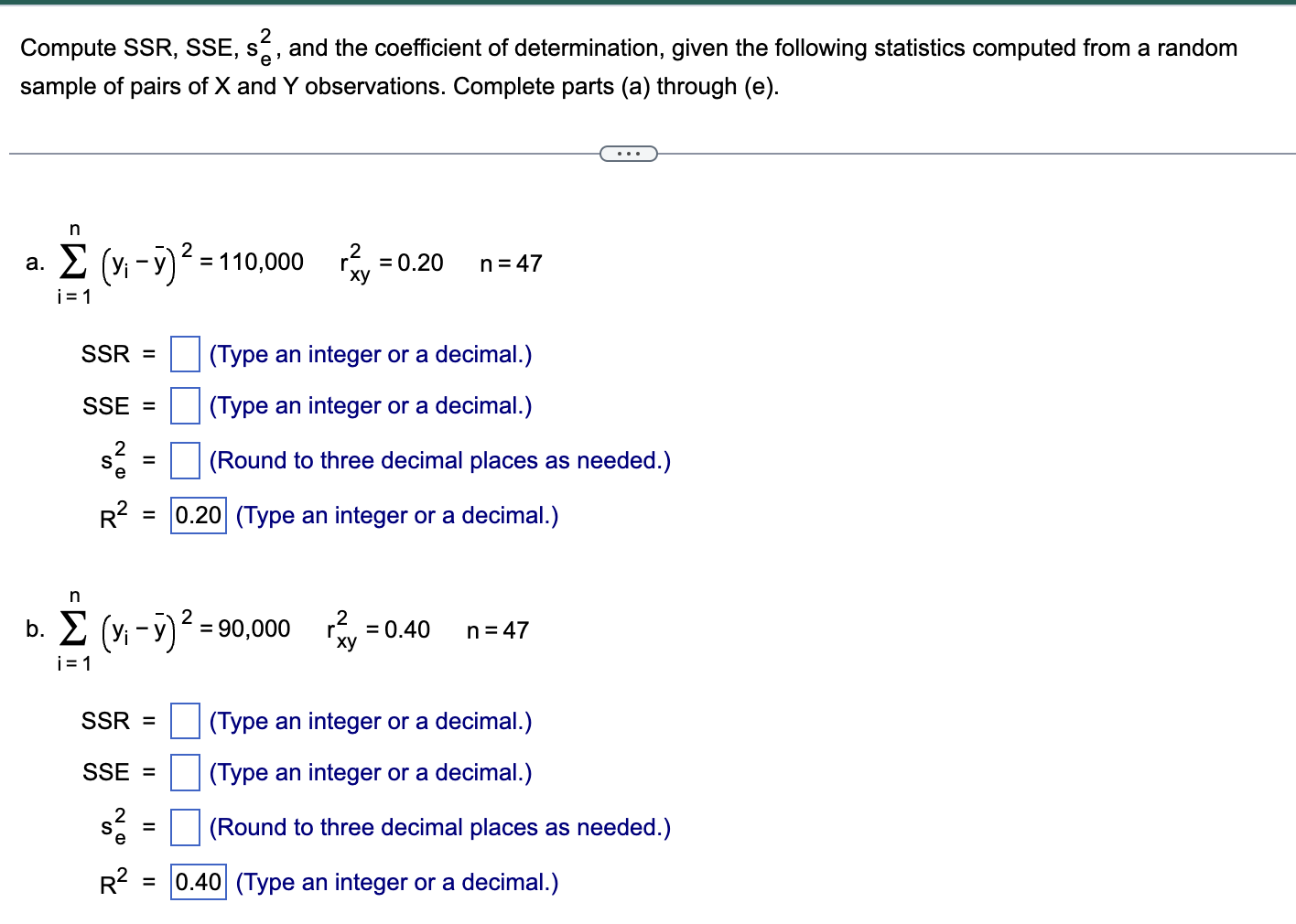 Compute SSR, SSE, se2, and the coefficient of | Chegg.com
