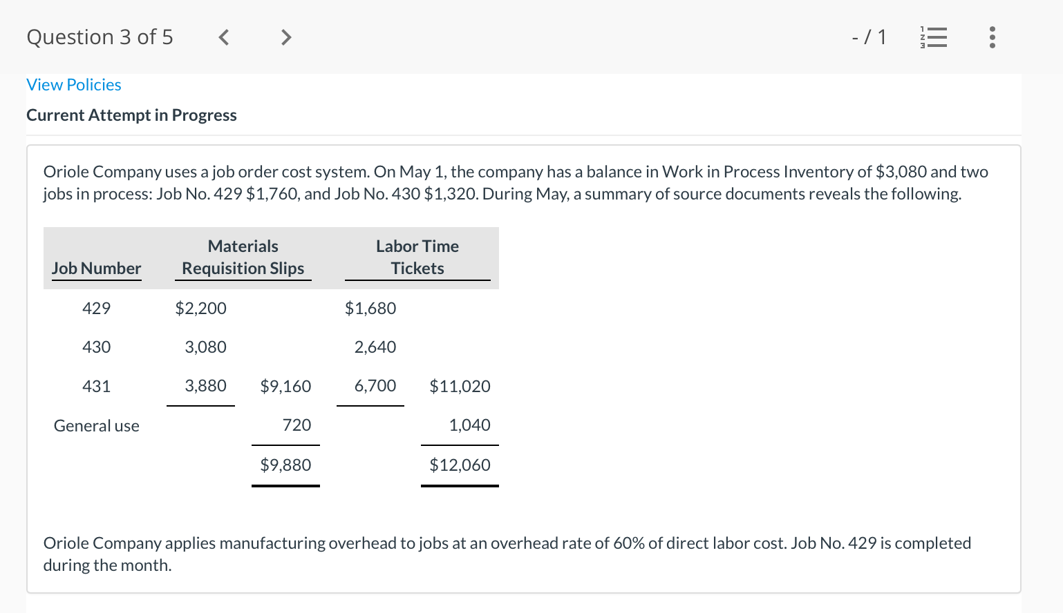Solved Current Attempt in Progress Oriole Company uses a job | Chegg.com