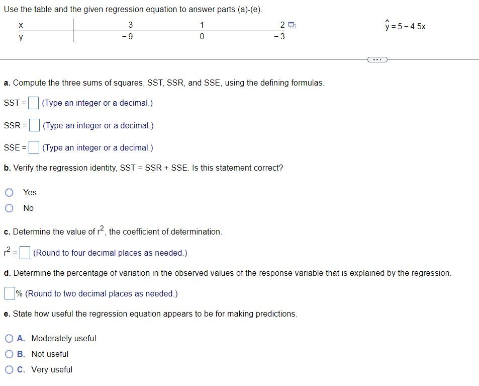 Solved Use the table and the given regression equation to | Chegg.com